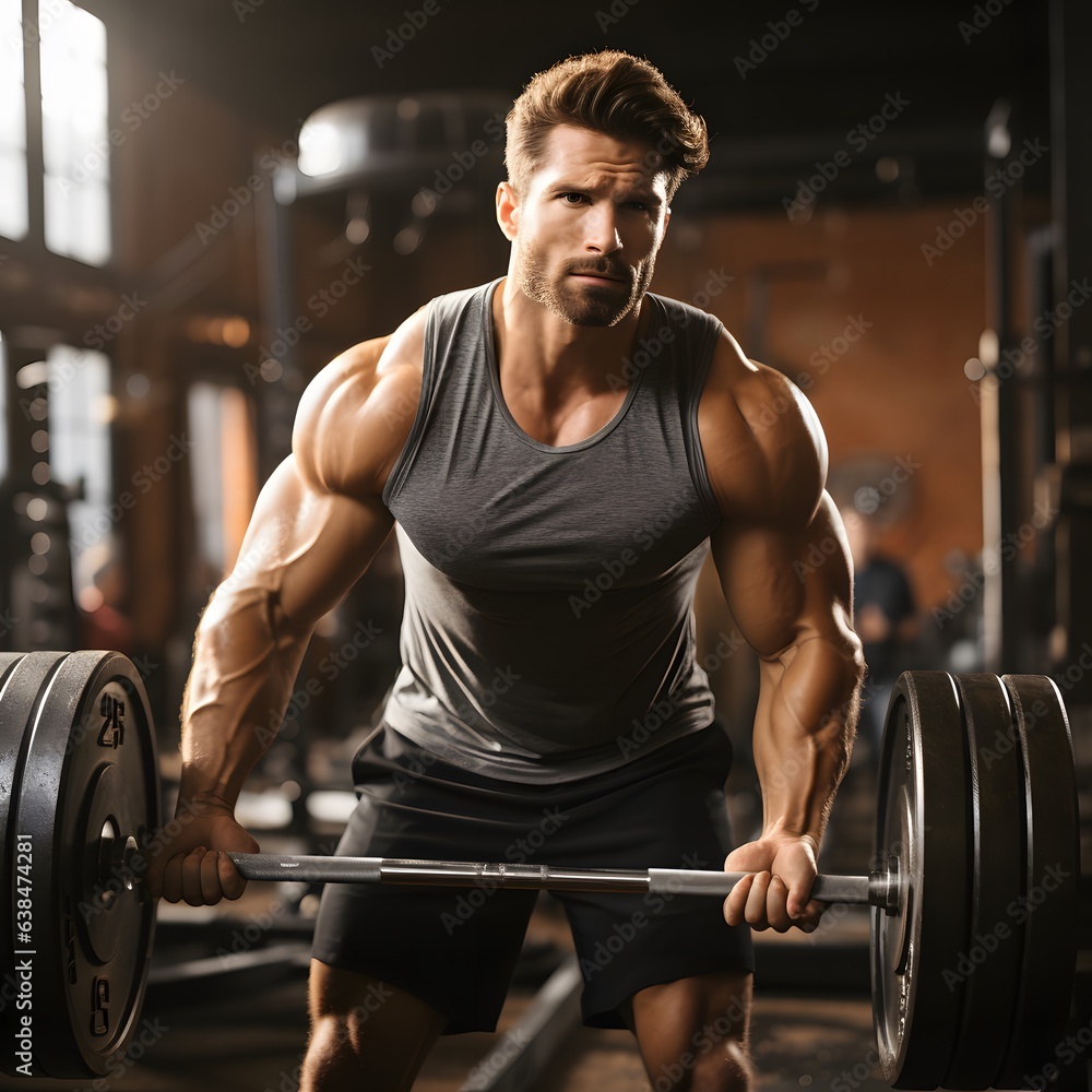 Handsome young muscular man working out in a gym gaining weight pumping ...