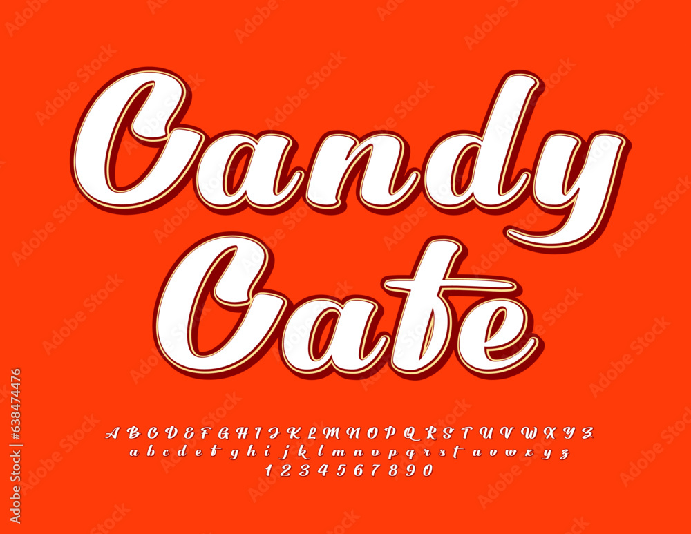 Vector bright poster Candy Cafe. Beautiful Cursive Font. Artistic Alphabet Letters, Numbers and ...