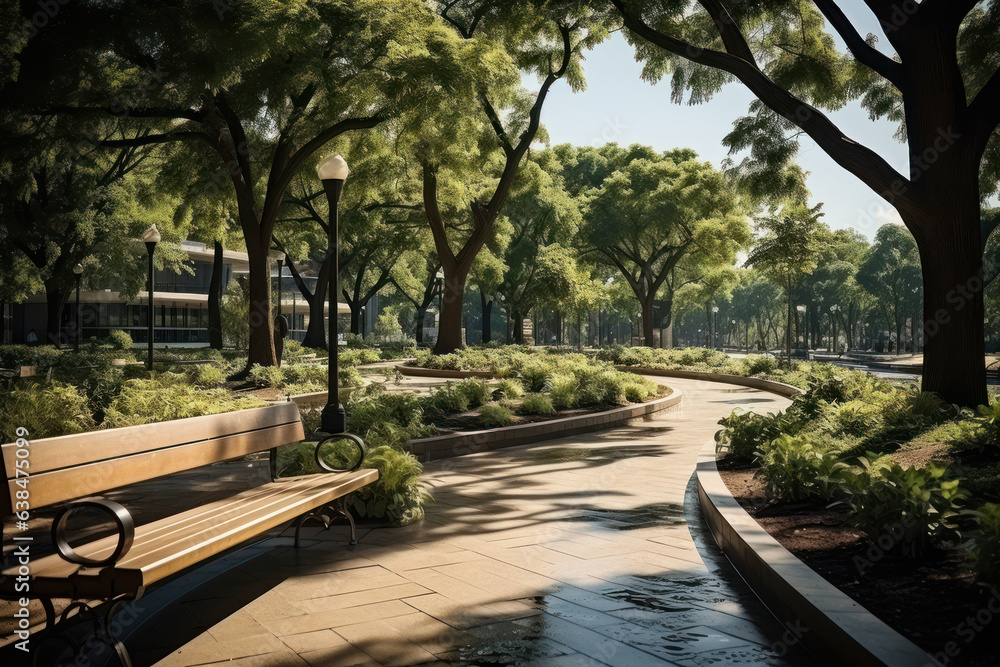 Urban Greenery. Park with lush vegetation in the midst of a city ...