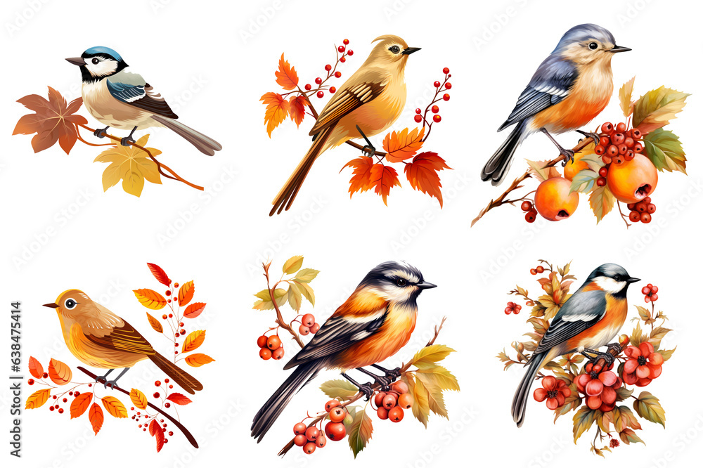 Beautiful autumn birds clip art illustrations, isolated on transparent ...