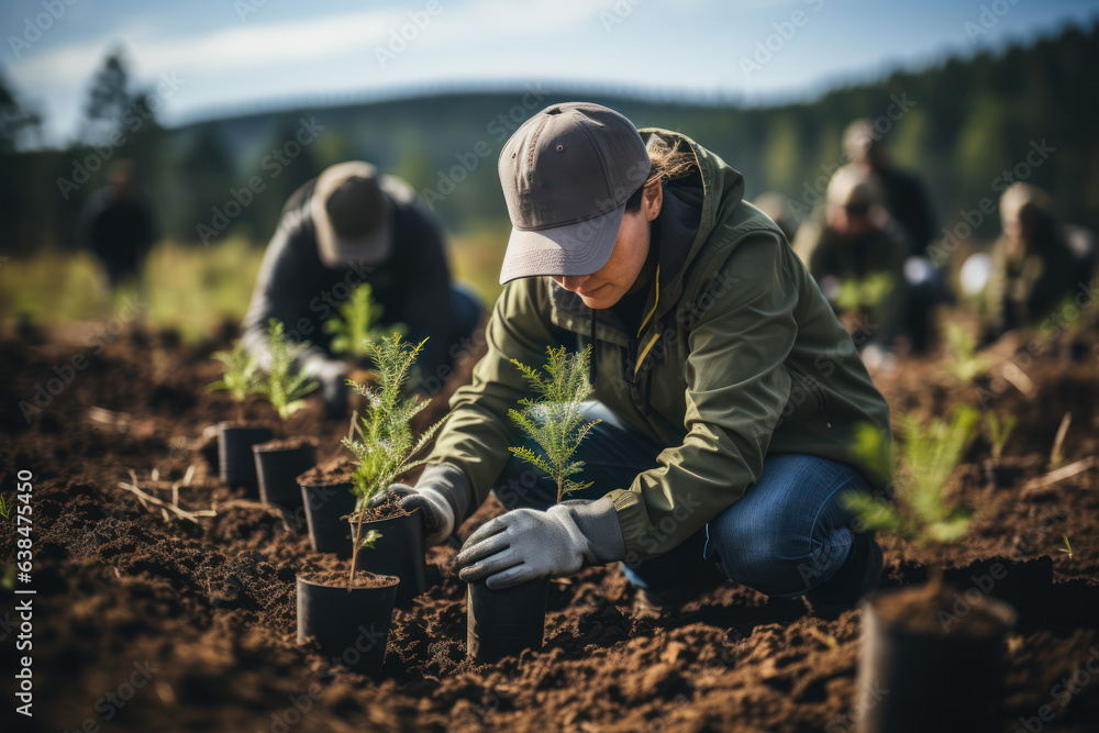 Reforestation Efforts. Volunteers planting trees in a deforested area ...