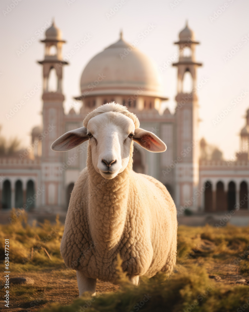 sheep as a symbol of an Islamic holiday with a mosque in the background ...