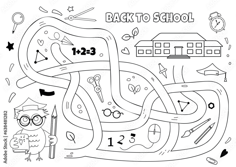 Vector maze coloring book isolated on white background. Help the owl ...