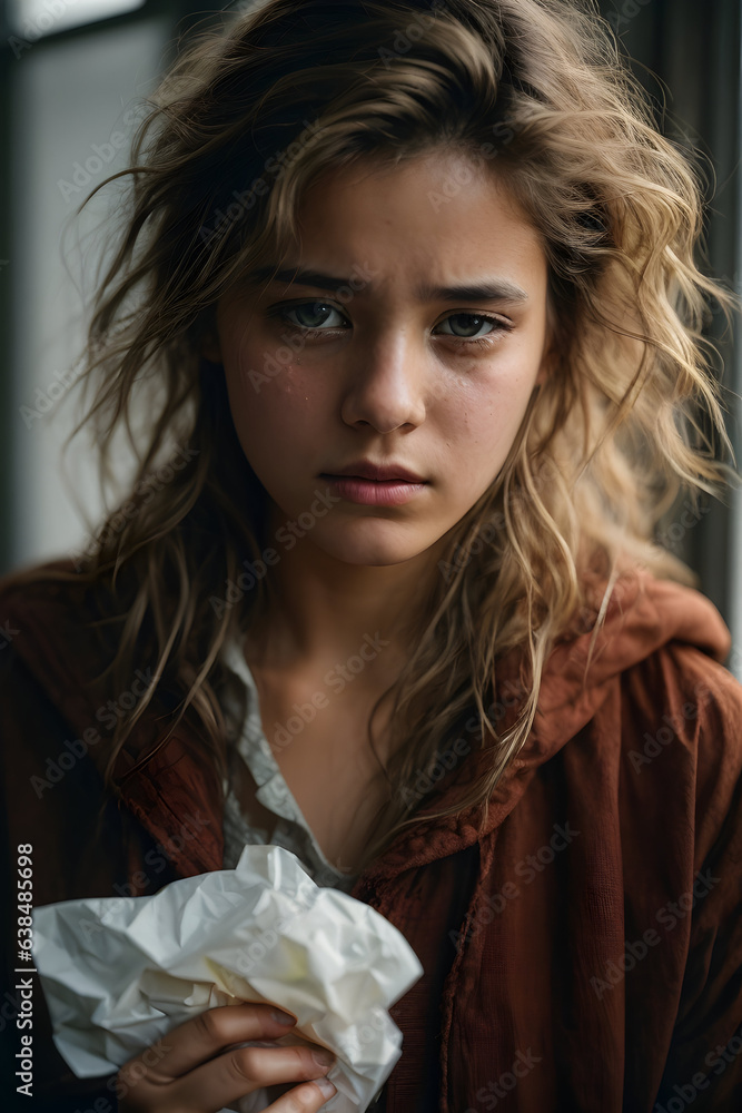 a girl clutching a crumpled tissue, her eyes welling with tears that ...