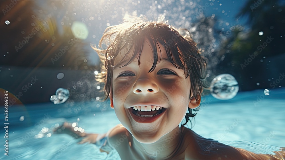 Cute smiling boy having fun swimming and diving in the pool at the ...