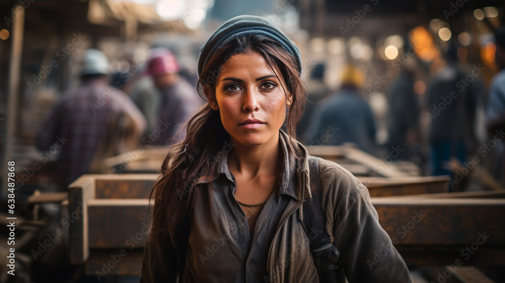 A strong and resilient female worker, amidst a busy construction site ...