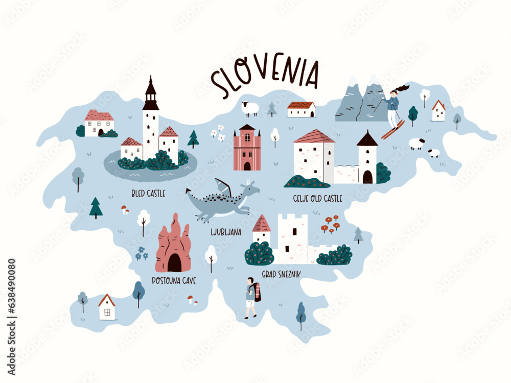 Slovenia hand drawn map with attractions, travel destinations. Stock ...