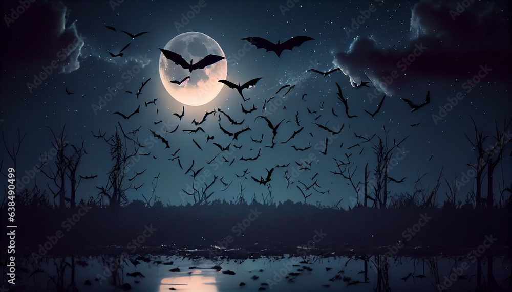 Moody night scene with flying bats on sky and moon background ...