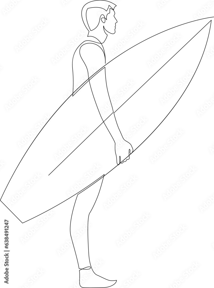 Continuous one line drawing of man holding surfboard. Vector ...