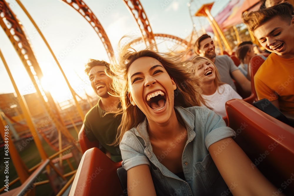 Friends riding roller coaster ride at amusement park. People having fun ...