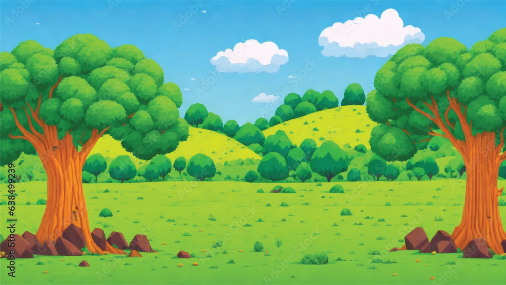 A cartoon green landscape with trees and rocks, background art Stock ...