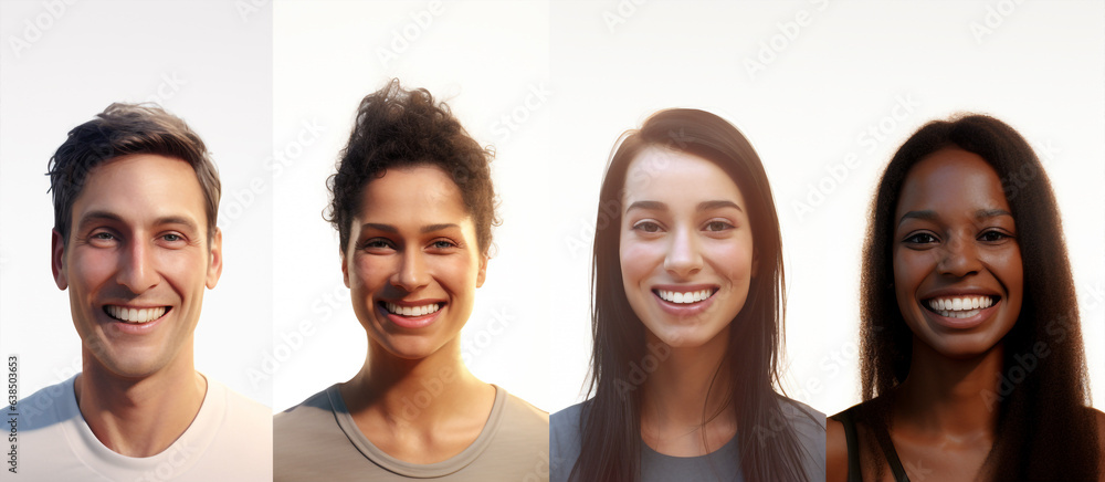 Portrait de différentes personnes souriante, fond et arrière-plan blanc ...