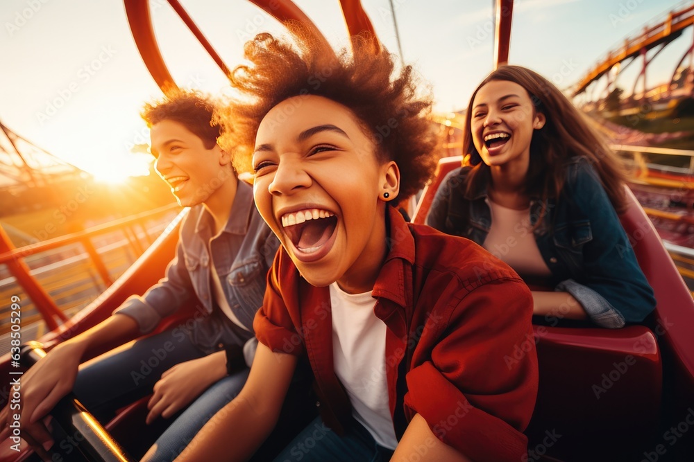 Friends riding roller coaster ride at amusement park. People having fun ...