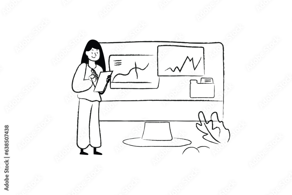 Statistical analysis concept with people scene in the flat line cartoon ...