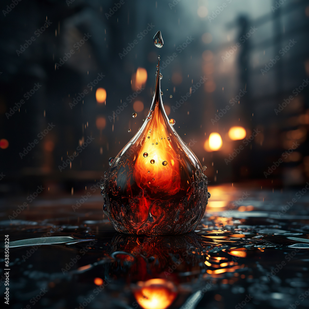 Masterpiece of fire drop falling on flammable product on the ground ...