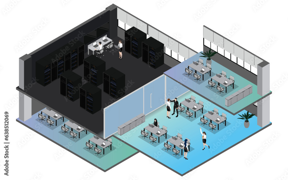 Isometric view of a large server room for office,Data Center With ...