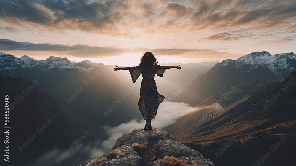 Silhouette of a beautiful woman in a dress standing on the edge of a ...