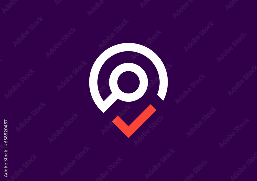 Iconic Pin location logo with magnifying glass and check mark symbol ...