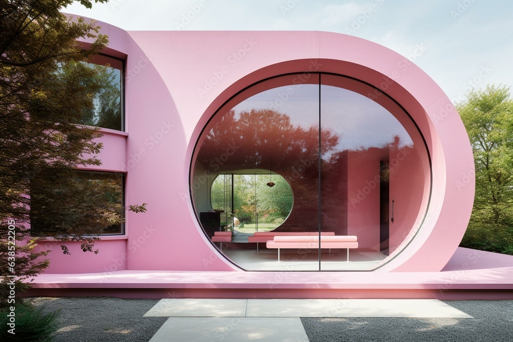 Modern pink house design with a circular alcove. Generative AI Stock Illustration | Adobe Stock