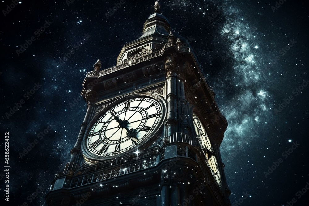 Antique clock tower against starry night sky. Conceptual depiction of ...