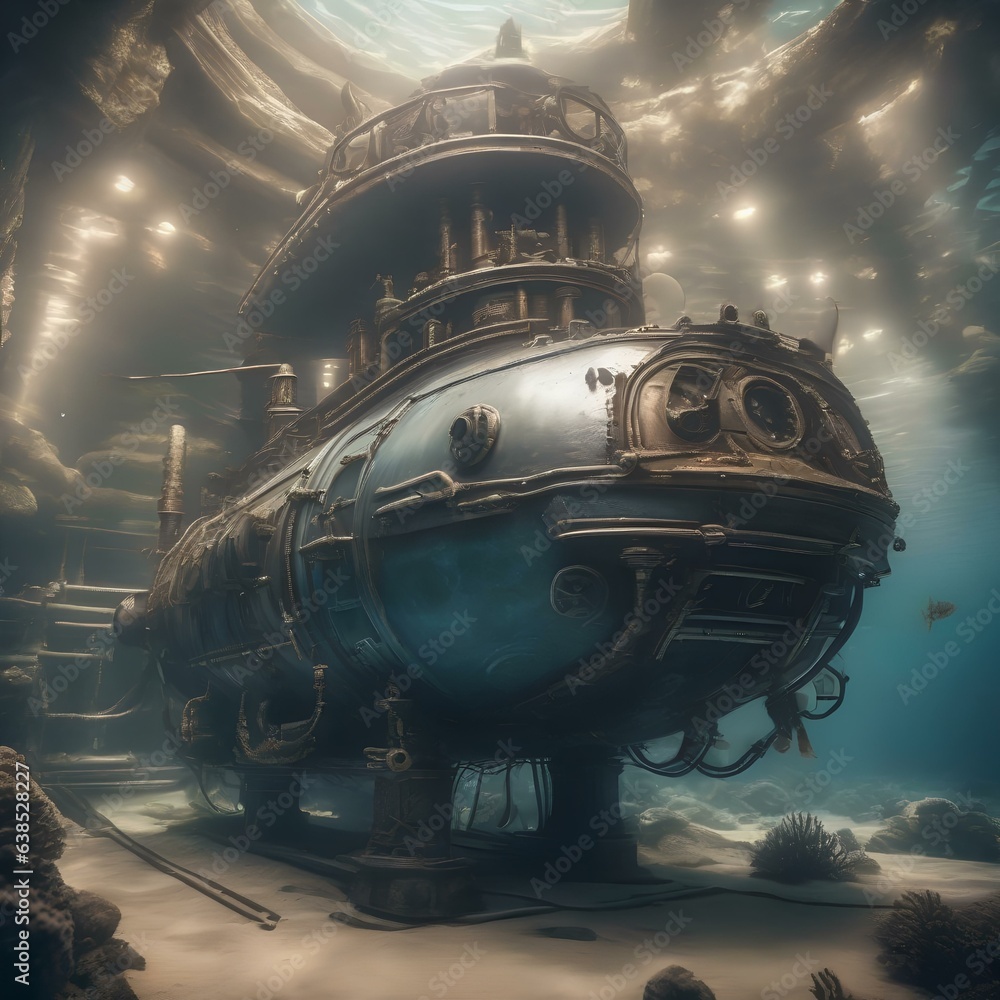 A steam-powered submarine exploring the depths of an alien underwater ...