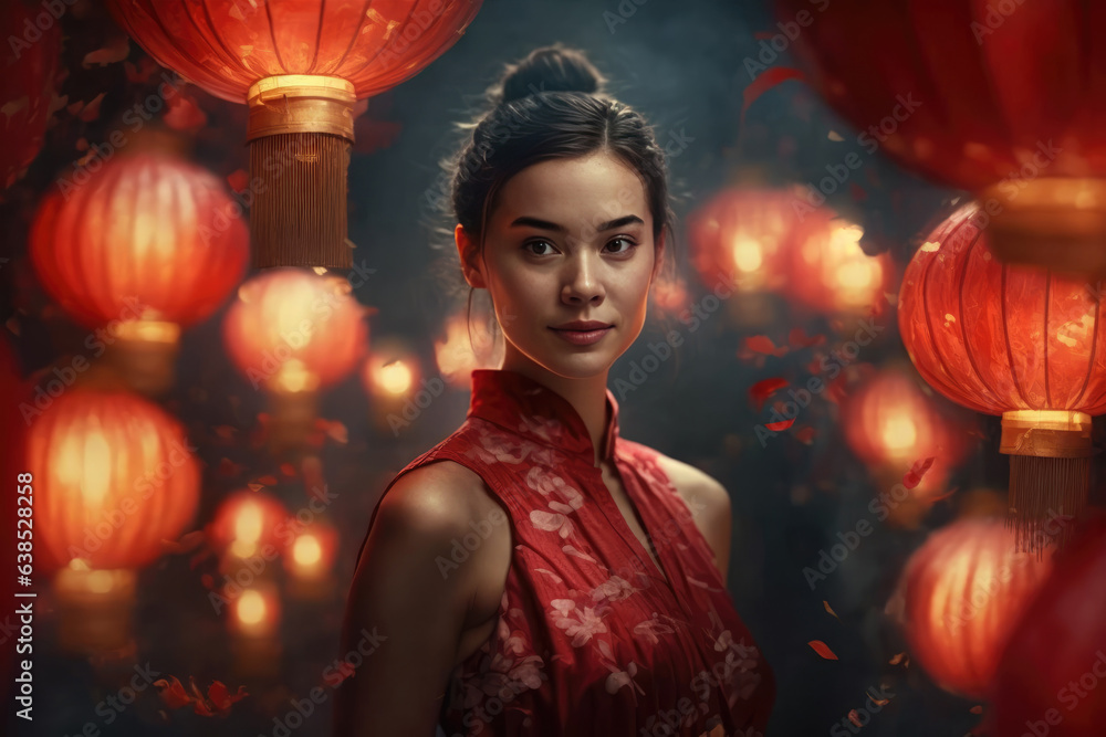 Photo & Art Print Asian Woman in traditional chinese red dress with ...