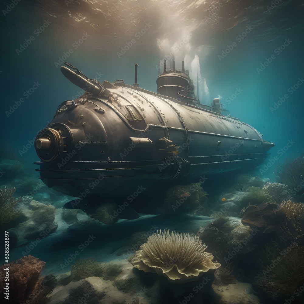 A steam-powered submarine exploring the depths of an alien underwater ...