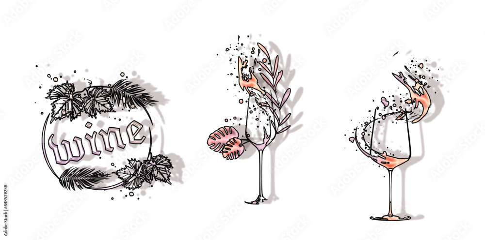 Vetor de Colorful wine designs - Collection of wine glasses. Sketch ...