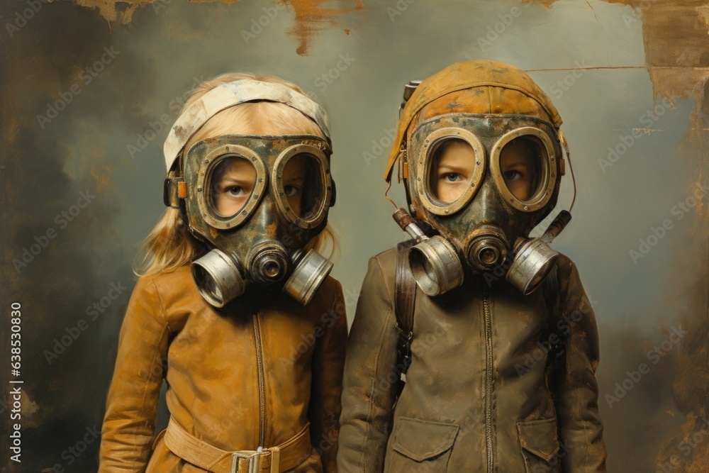 Two children wearing gas masks standing next to each other, AI Stock ...