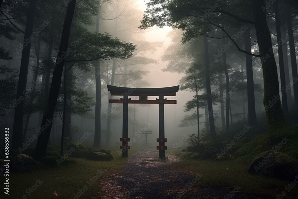 Scenic forest with a torii gate under an overcast sky, resembling an ...
