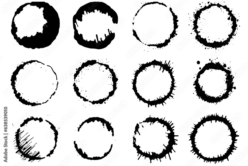 Black shapes of wine circle and coffee ring stains. Dirty splashes and ...