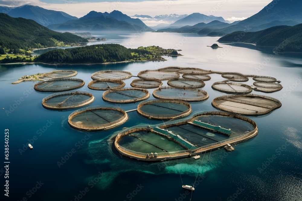 Bird's-eye view of Norwegian fish farms. Generative AI Stock ...