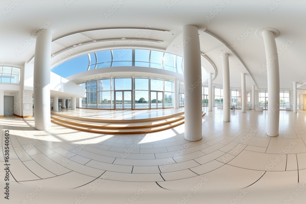 360° panorama view of a modern hall with doors and windows in an ...
