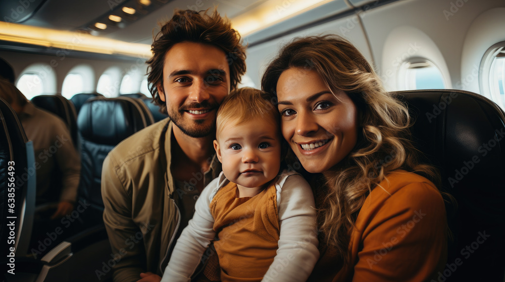 Generative AI, a family with a child flies on vacation on an airplane ...