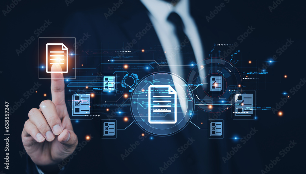 Documents management information system concept, Businessman using ...