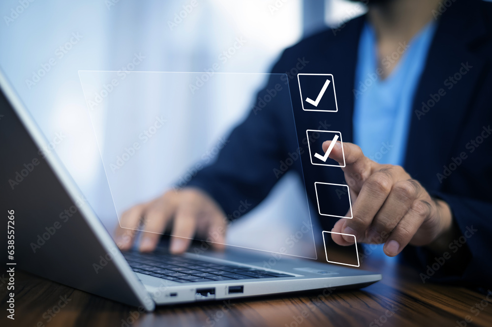 Businessman touch on digital screen check correct sign mark in checkbox ...