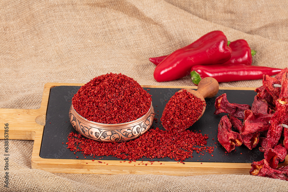 Spice Red chilli powder flakes shot from above. Mix of Spices ...