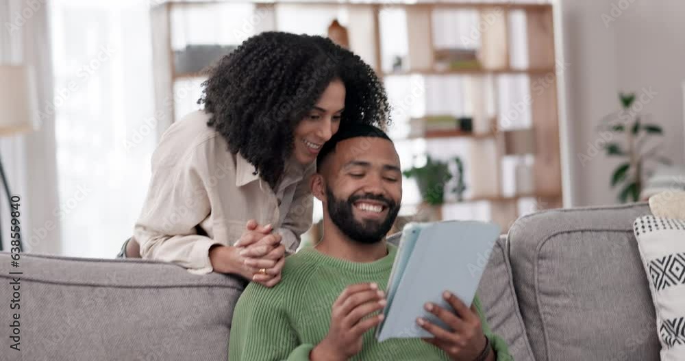 Communication, home tablet and couple conversation, discussion and chat ...