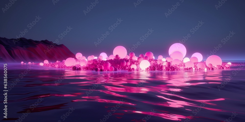Dark night sea with floating pink neon luminous spheres on surface of ...