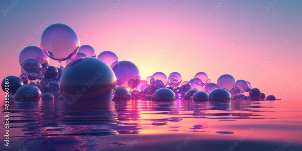 Surreal sunrise. sea with floating blue transparent glass spheres on ...
