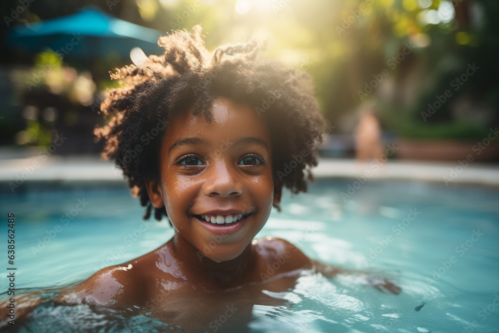 Portrait of happy person smiling at camera having fun swimming pool ...