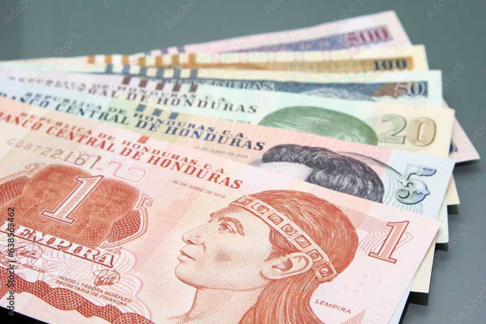 Honduran money, Currency of Honduras. Lempira bills on dark background ...
