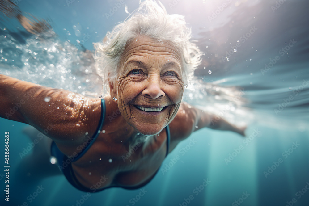 Portrait of happy retired woman having fun swimming under water ...