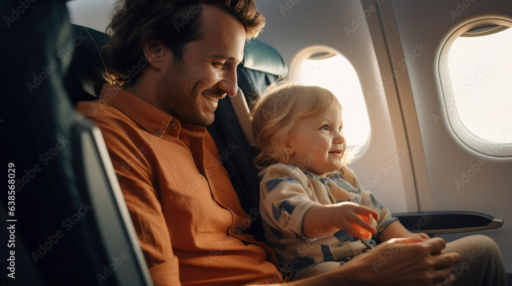Generative AI, a family with a child flies on vacation on an airplane ...
