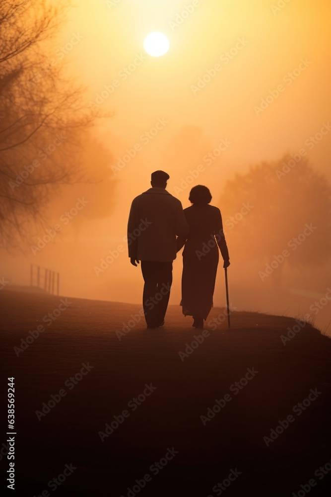 loving aged black couple walking side by side. back view, rear view ...