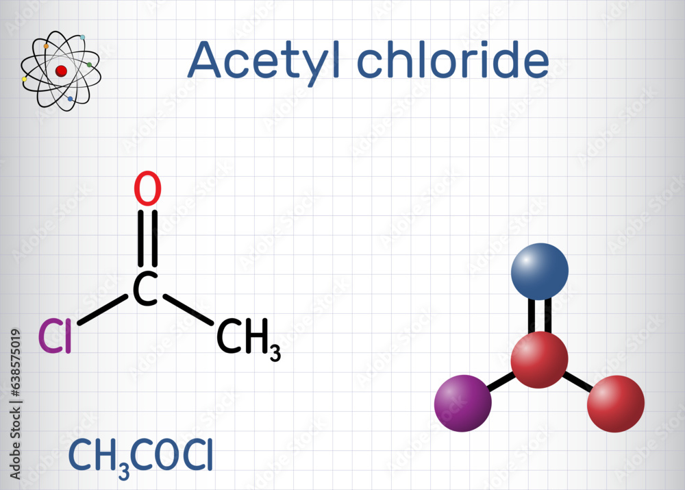 Acetyl chloride molecule. It is acyl chloride, acyl halide. Sheet of ...
