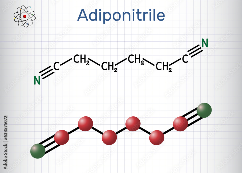 Adiponitrile molecule. It is precursor to the polymer nylon 66. Sheet ...