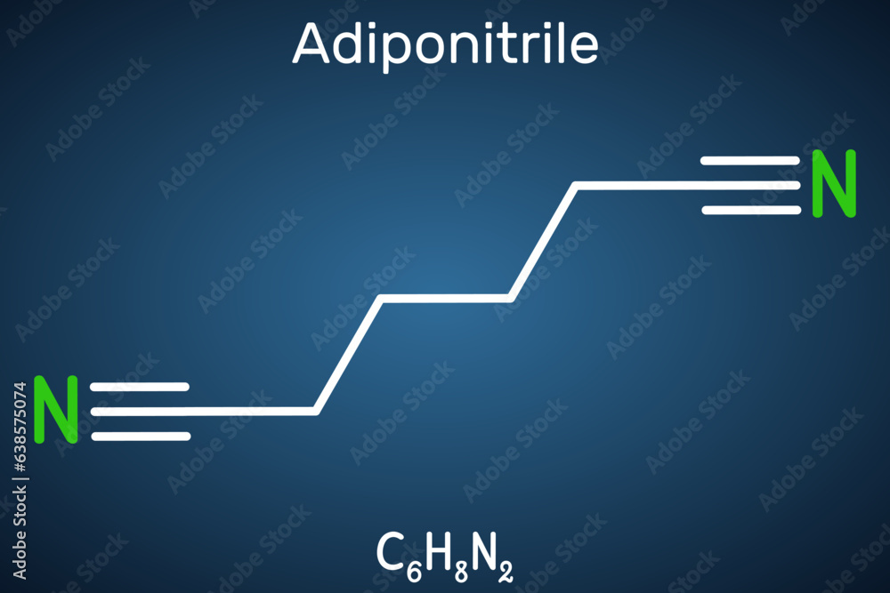 Adiponitrile molecule. It is precursor to the polymer nylon 66. Structural chemical formula on ...