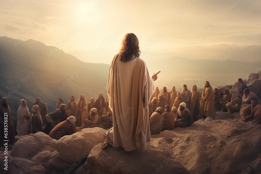 Jesus Christ's Sermon on the Mount. Jesus is on a mountain preaching to ...