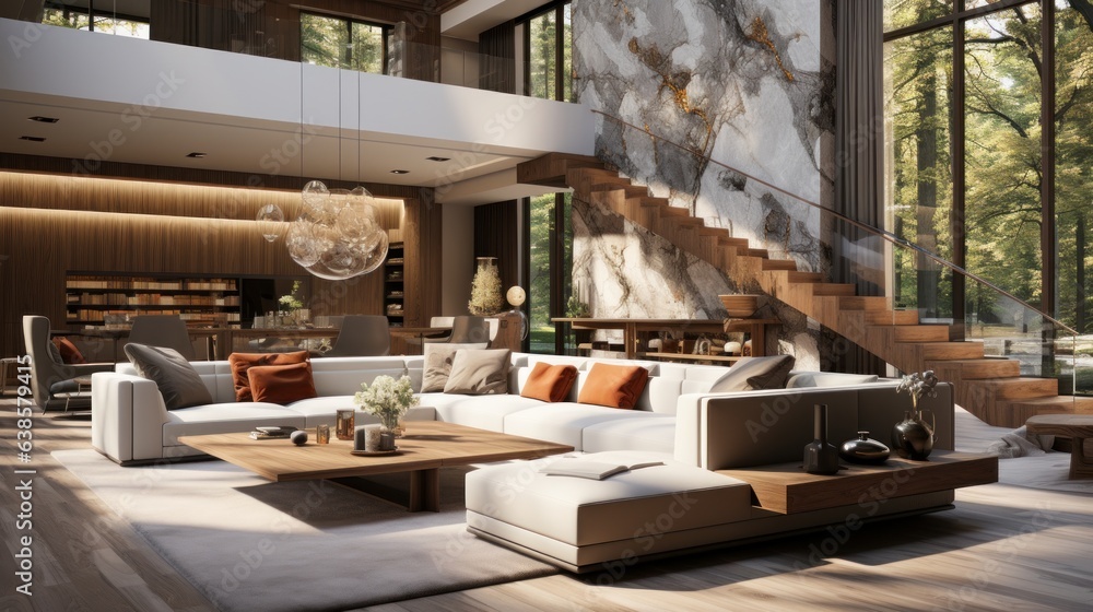 Modern living room interior in luxury open to below house. Large white ...